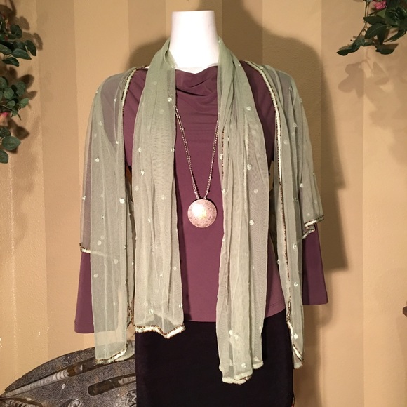 Sweaters | Green Trea Color Sheer Mesh Cardimatching Scarf | Poshmark